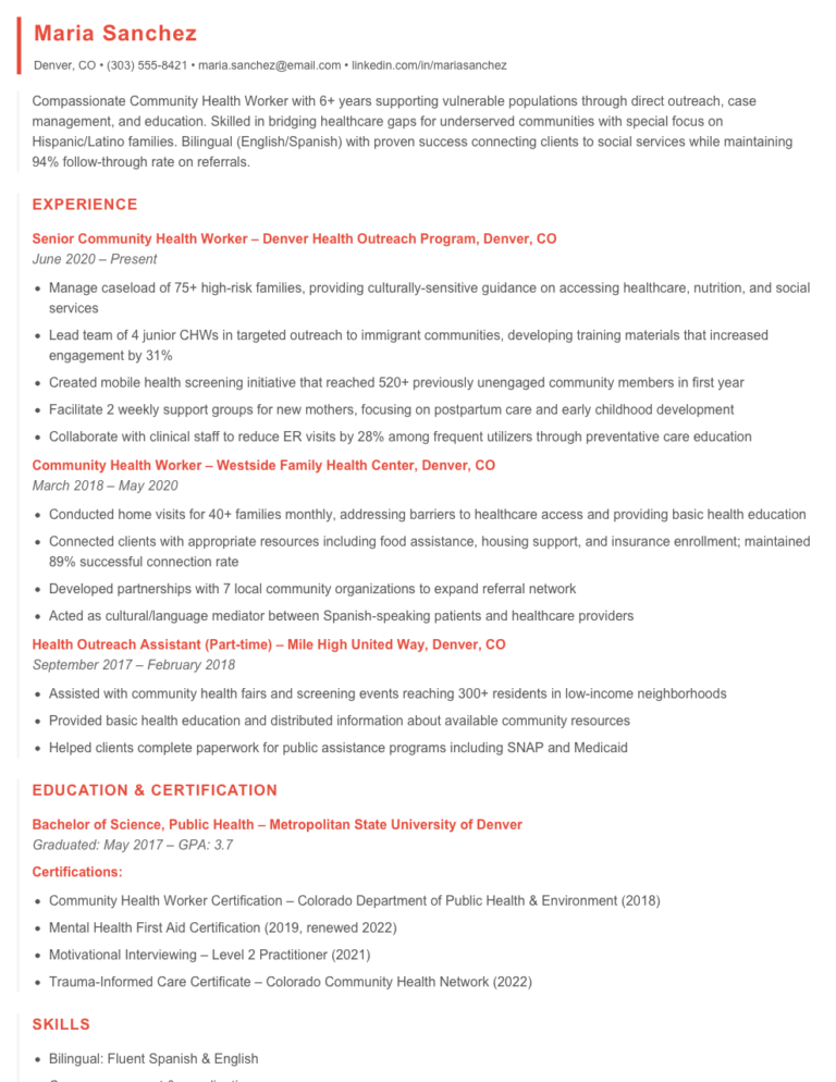 Community Health Worker Resume Examples & Templates 2025 - Resume.AI
