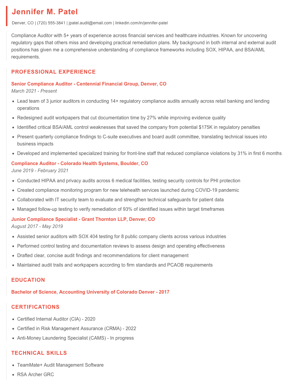 Compliance Auditor Resume Examples & Templates 2025 - Resume.AI