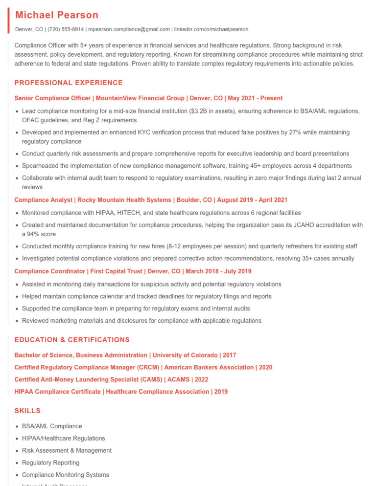 Compliance Officer Resume Examples & Templates 2025 - Resume.AI