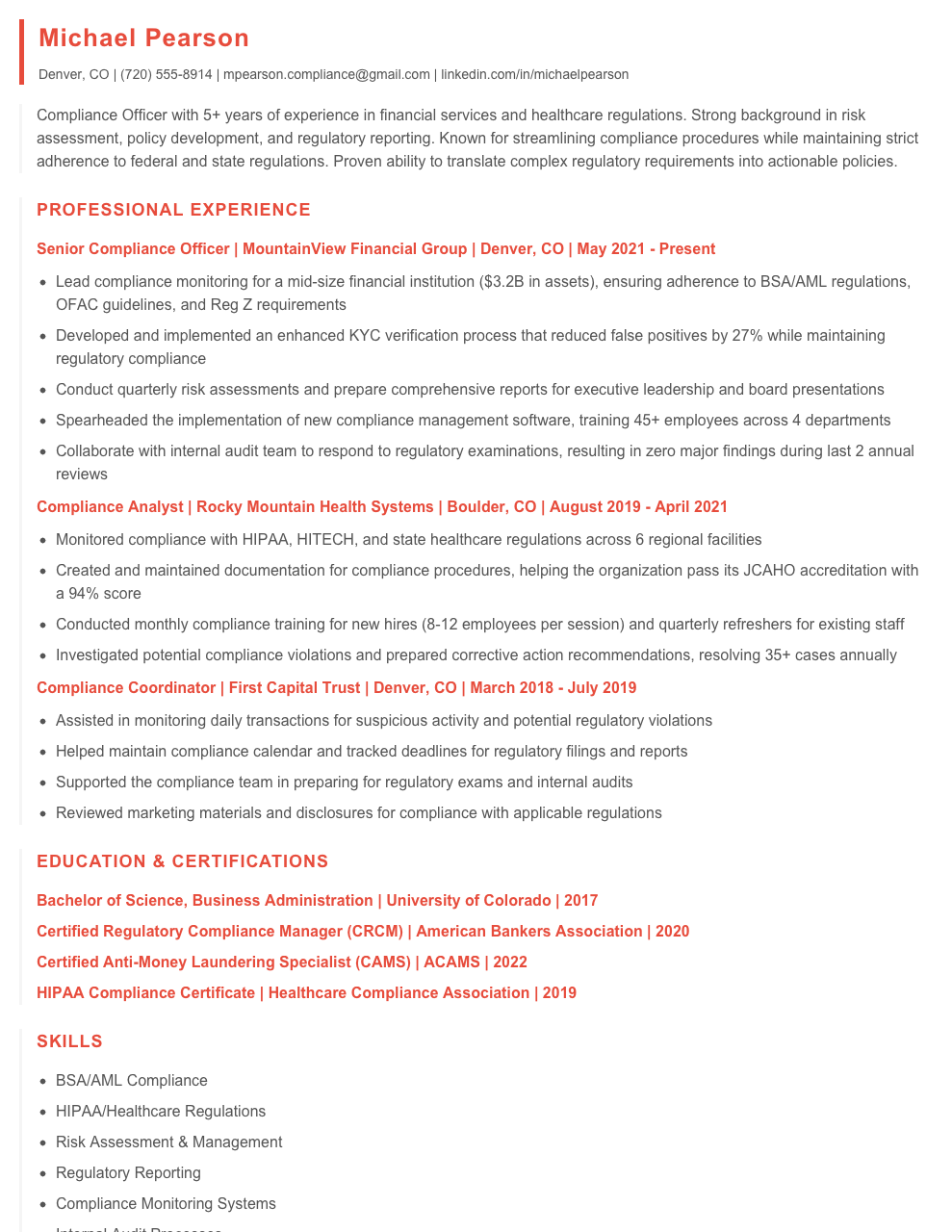 Compliance Officer Resume Examples & Templates 2025 - Resume.AI
