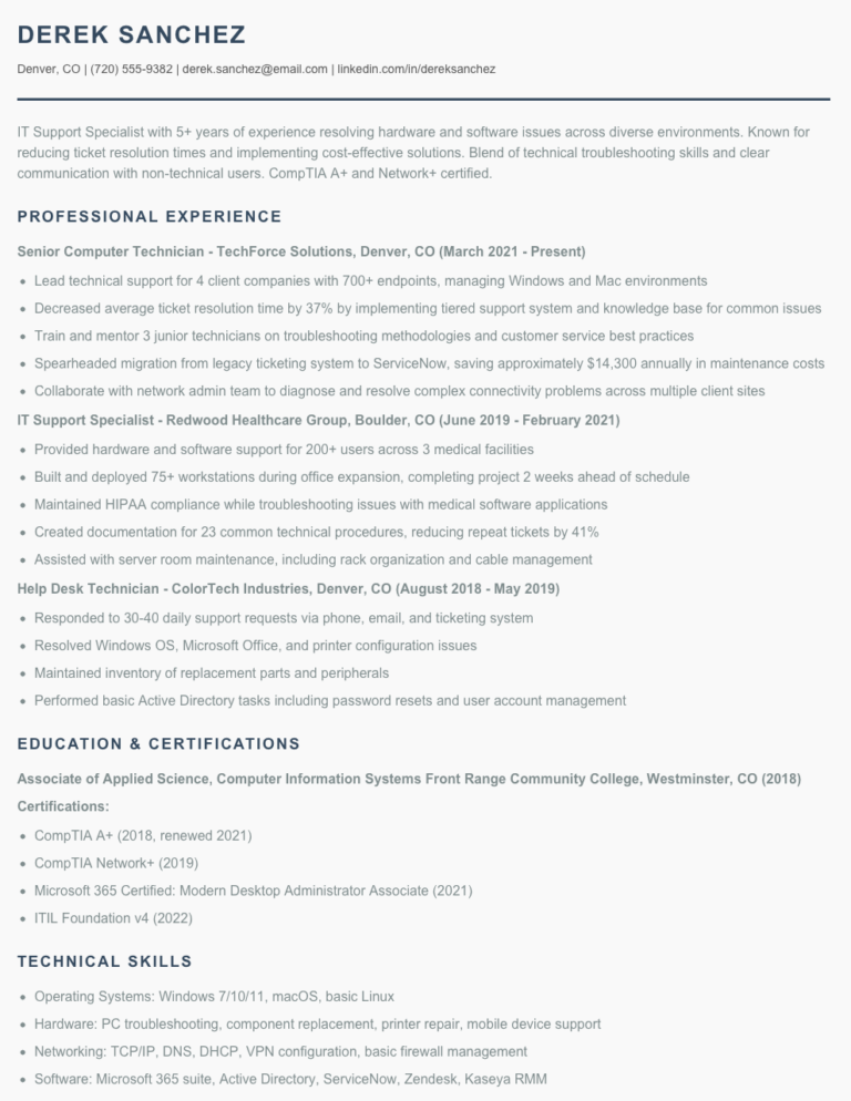 Computer Technician Resume Examples & Templates 2025 - Resume.AI