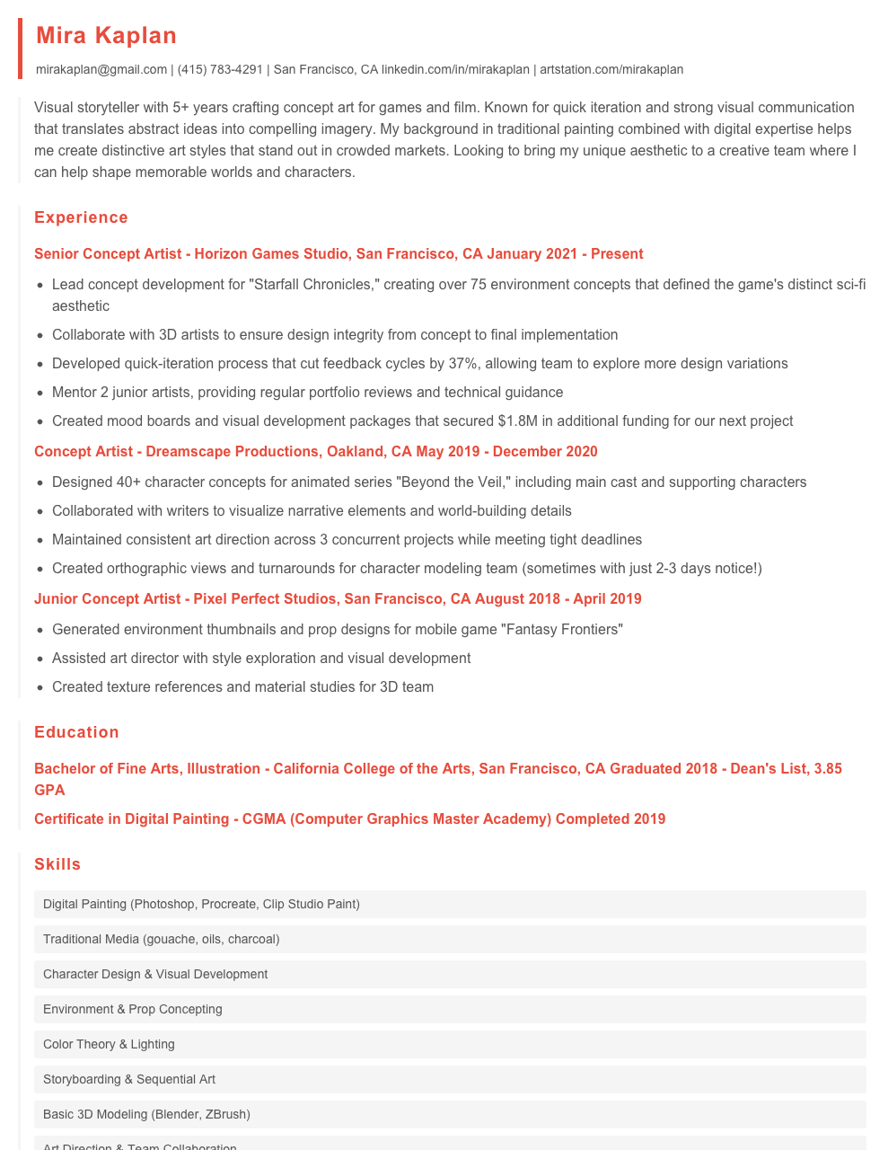 Concept Artist Resume Examples & Templates 2025 - Resume.AI