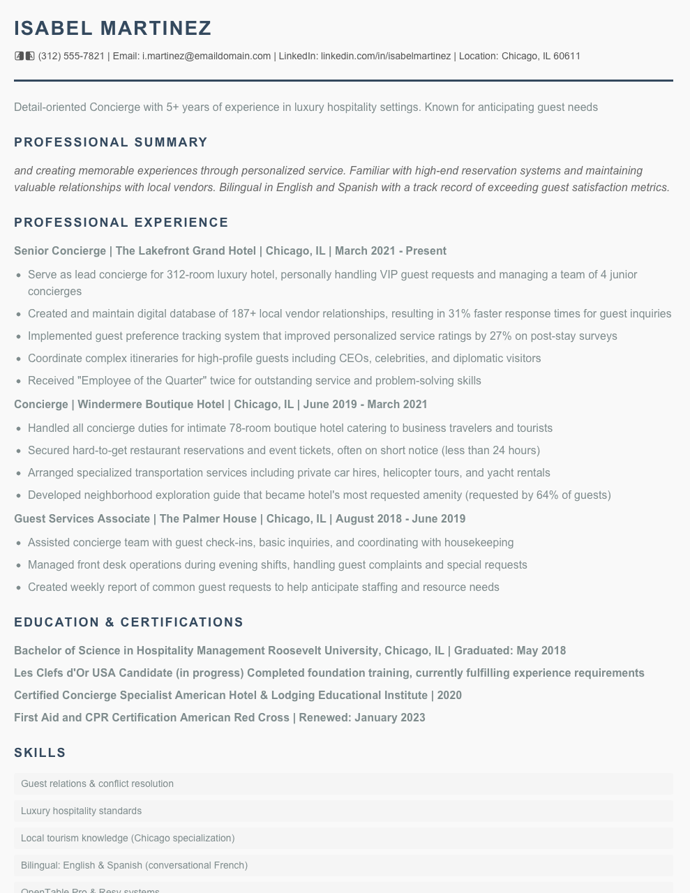 Concierge Resume Examples & Templates 2025 - Resume.AI