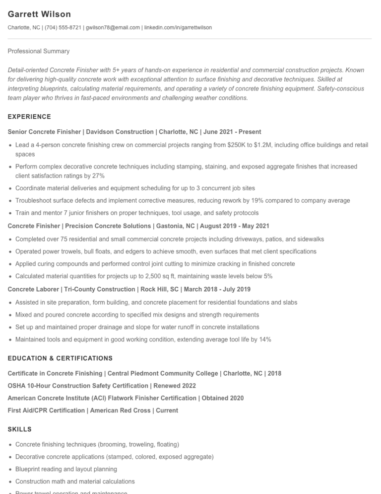 Concrete Finisher Resume Examples & Templates 2025 - Resume.AI