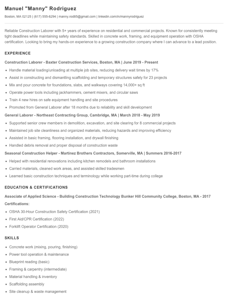 Construction Laborer Resume Examples & Templates 2025 - Resume.AI