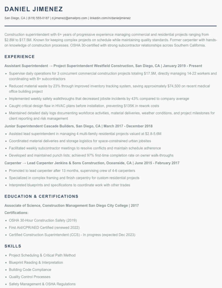 Construction Superintendent Resume Examples & Templates 2025 - Resume.AI