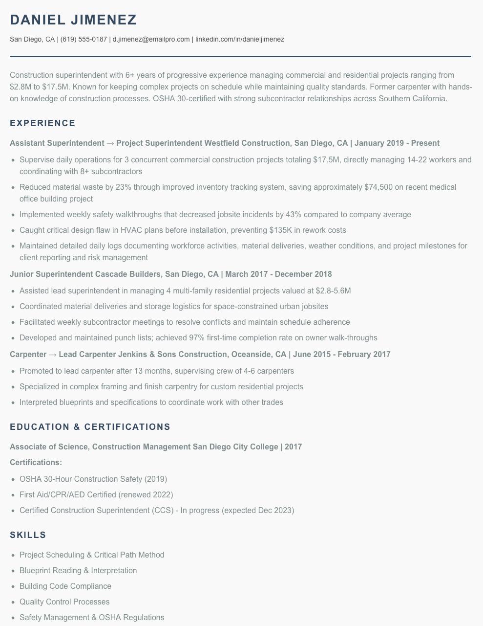 Construction Superintendent Resume Examples & Templates 2025 - Resume.AI