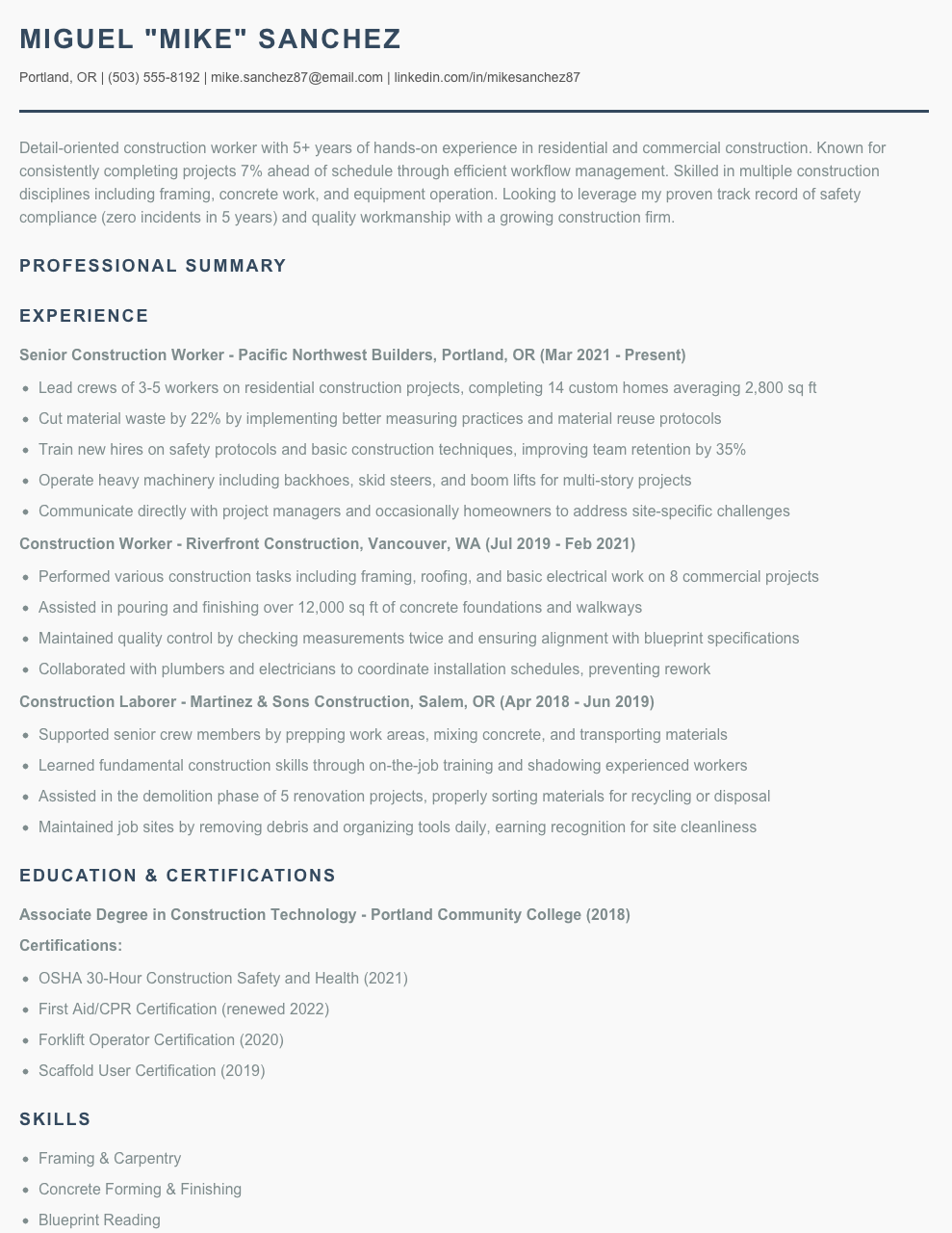 Construction Worker Resume Examples & Templates 2025 - Resume.AI