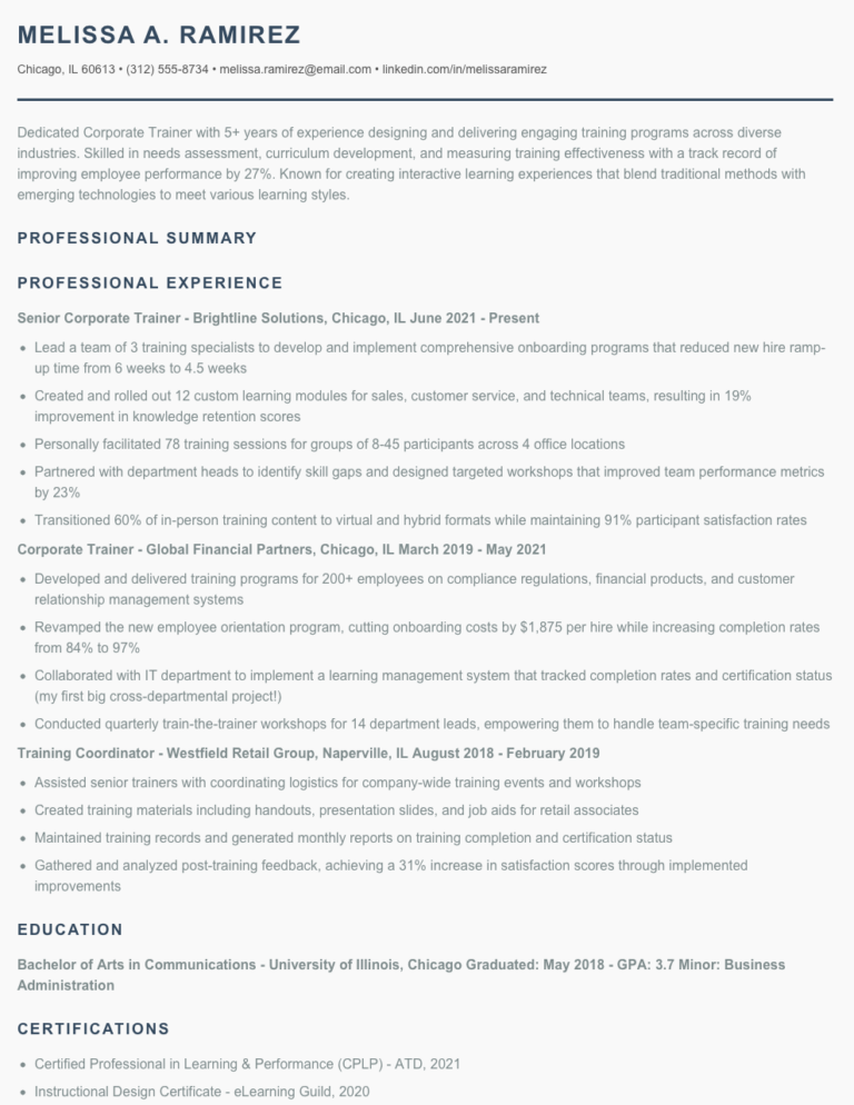Corporate Trainer Resume Examples & Templates 2025 - Resume.AI