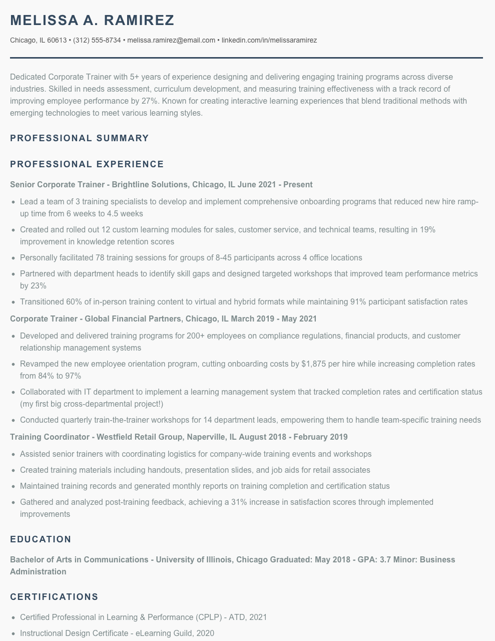 Corporate Trainer Resume Examples & Templates 2025 - Resume.AI