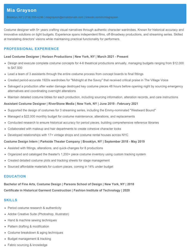Costume Designer Resume Examples & Templates 2025 - Resume.AI