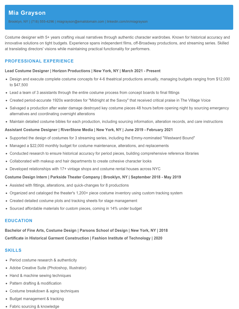 Costume Designer Resume Examples & Templates 2025 - Resume.AI