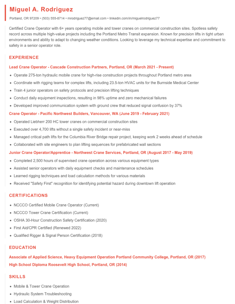 Crane Operator Resume Examples & Templates 2025 - Resume.AI