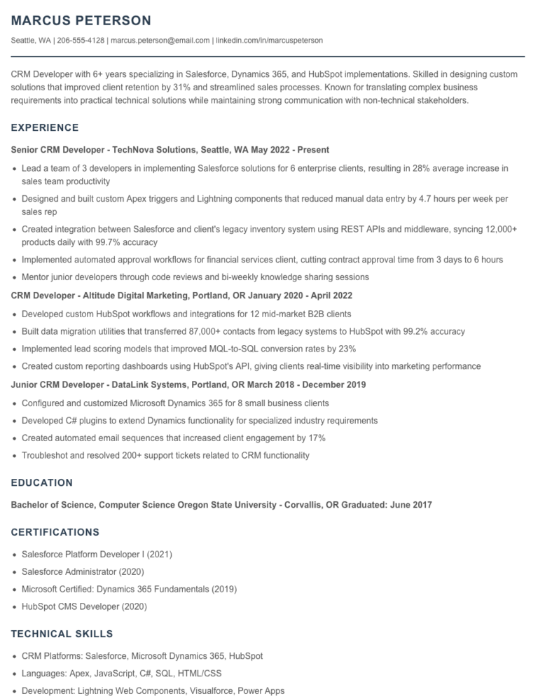 CRM Developer Resume Examples & Templates 2025 - Resume.AI