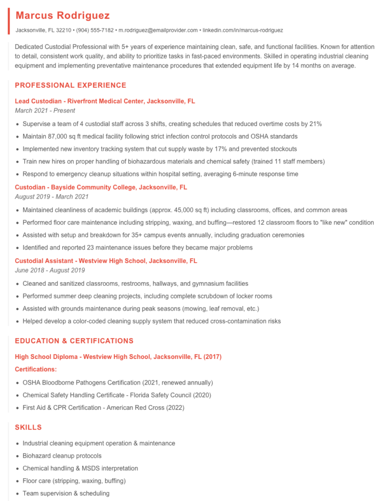 Custodian Resume Examples & Templates 2025 - Resume.AI