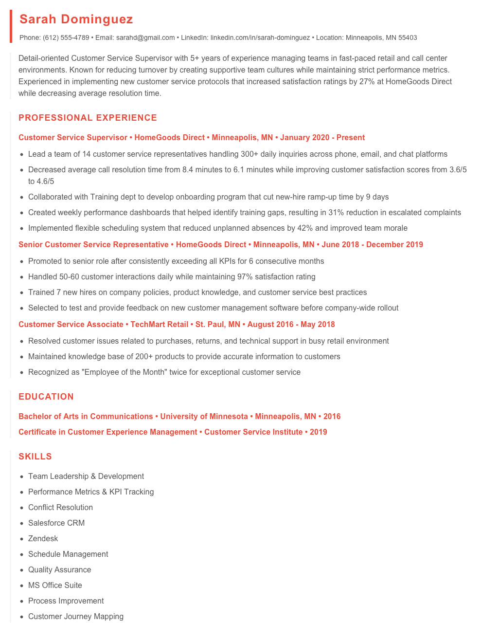 Customer Service Supervisor Resume Examples & Templates 2025 - Resume.AI