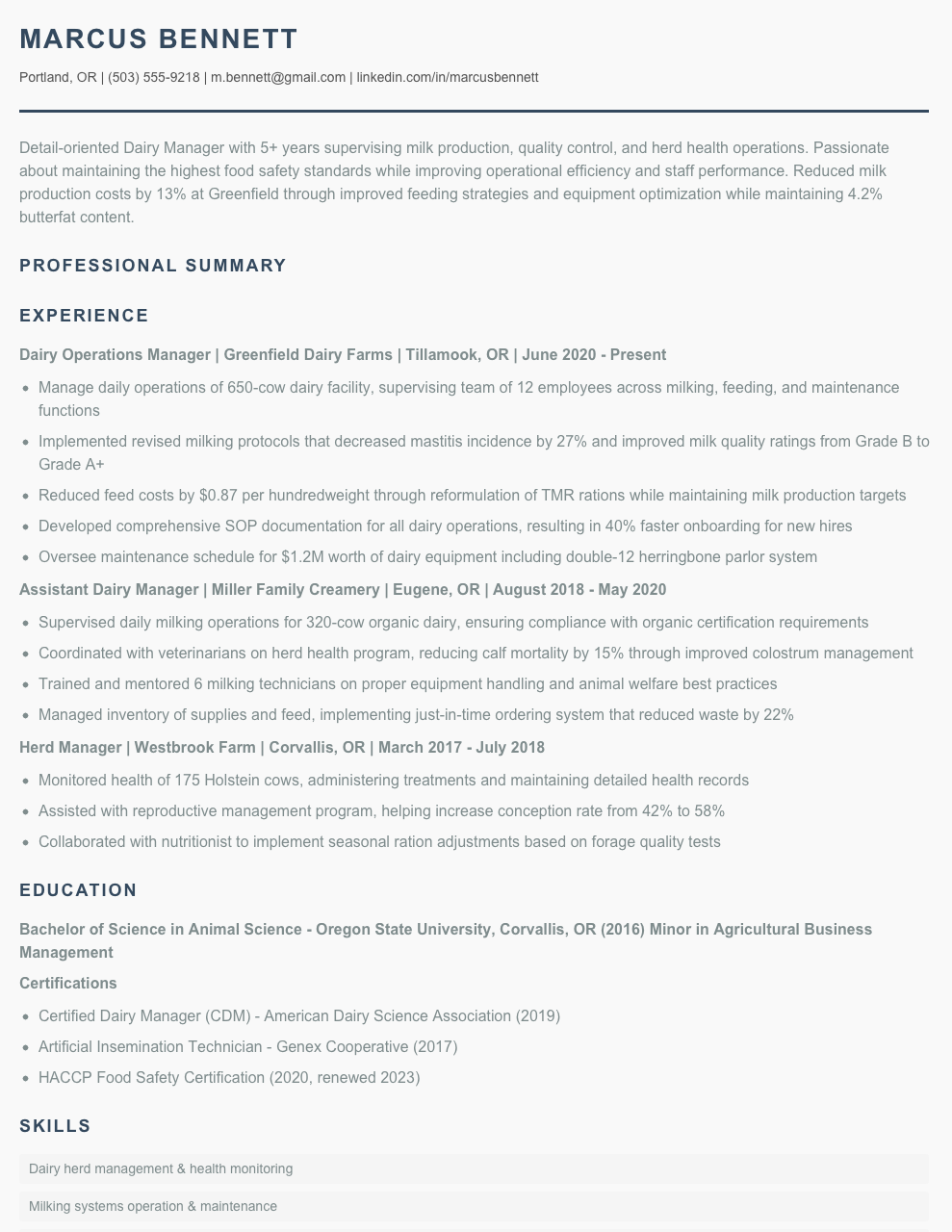 Dairy Manager Resume Examples & Templates 2025 - Resume.AI