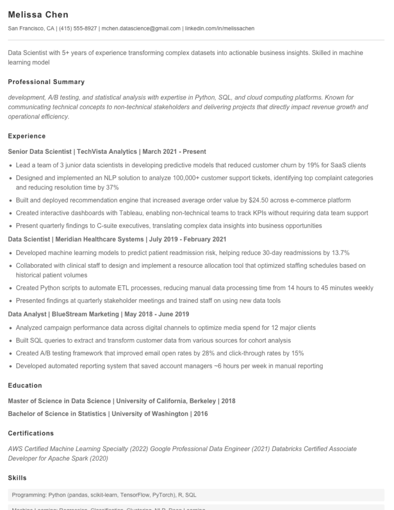 Data Scientist Resume Examples & Templates 2025 - Resume.AI