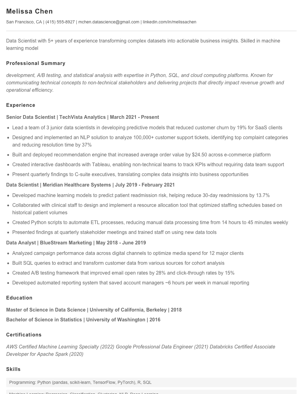 Data Scientist Resume Examples & Templates 2025 - Resume.AI
