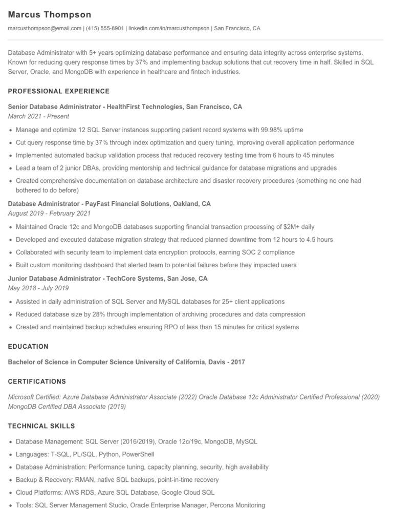 Database Administrator Resume Examples & Templates 2025 - Resume.AI