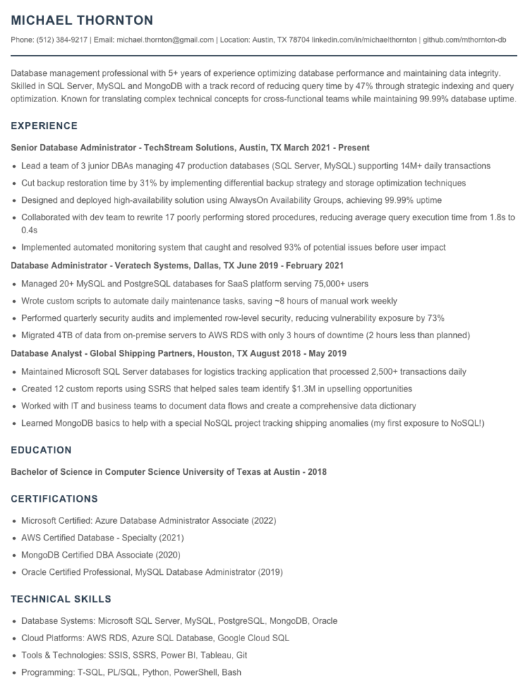Database Manager Resume Examples & Templates 2025 - Resume.AI