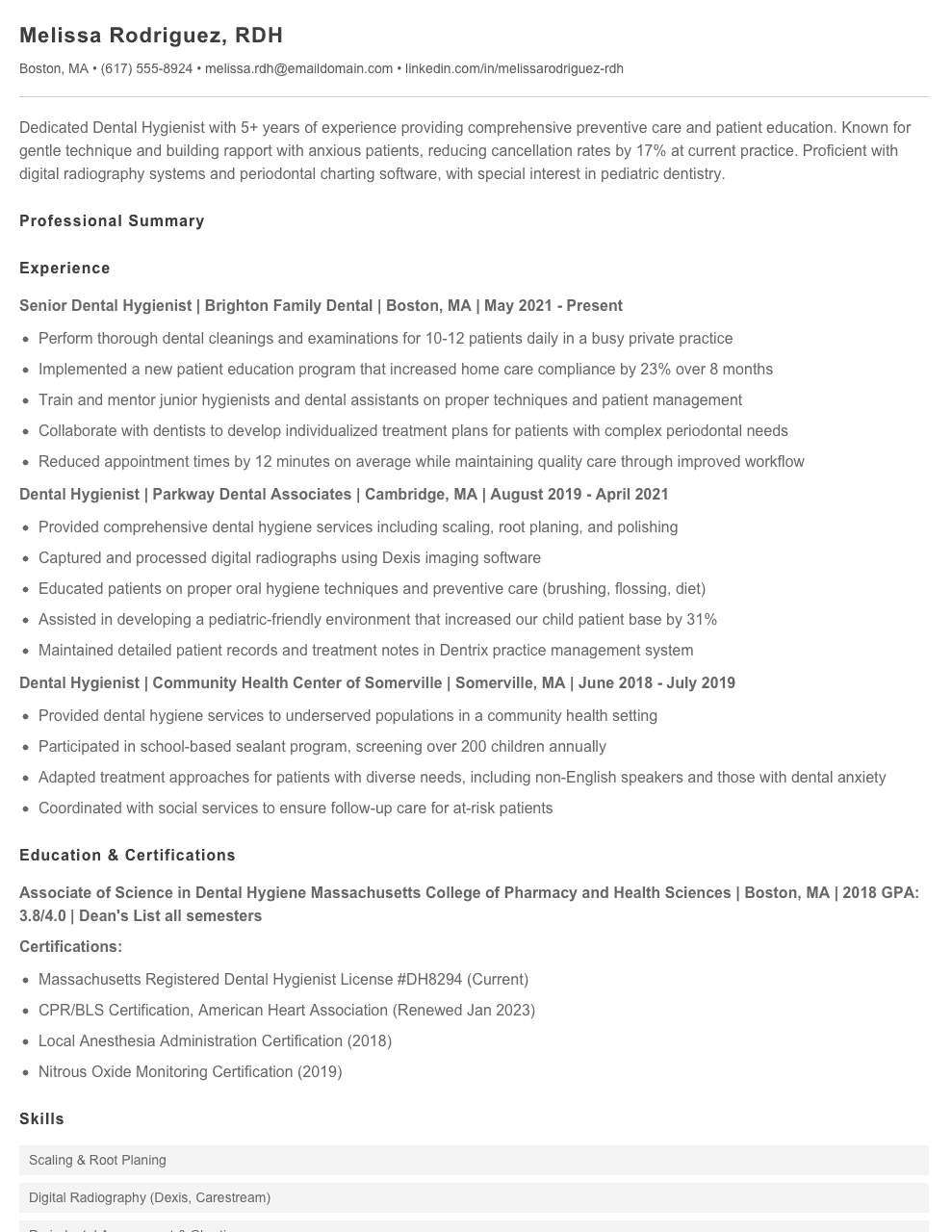Dental Hygienist Resume Examples & Templates 2025 - Resume.AI