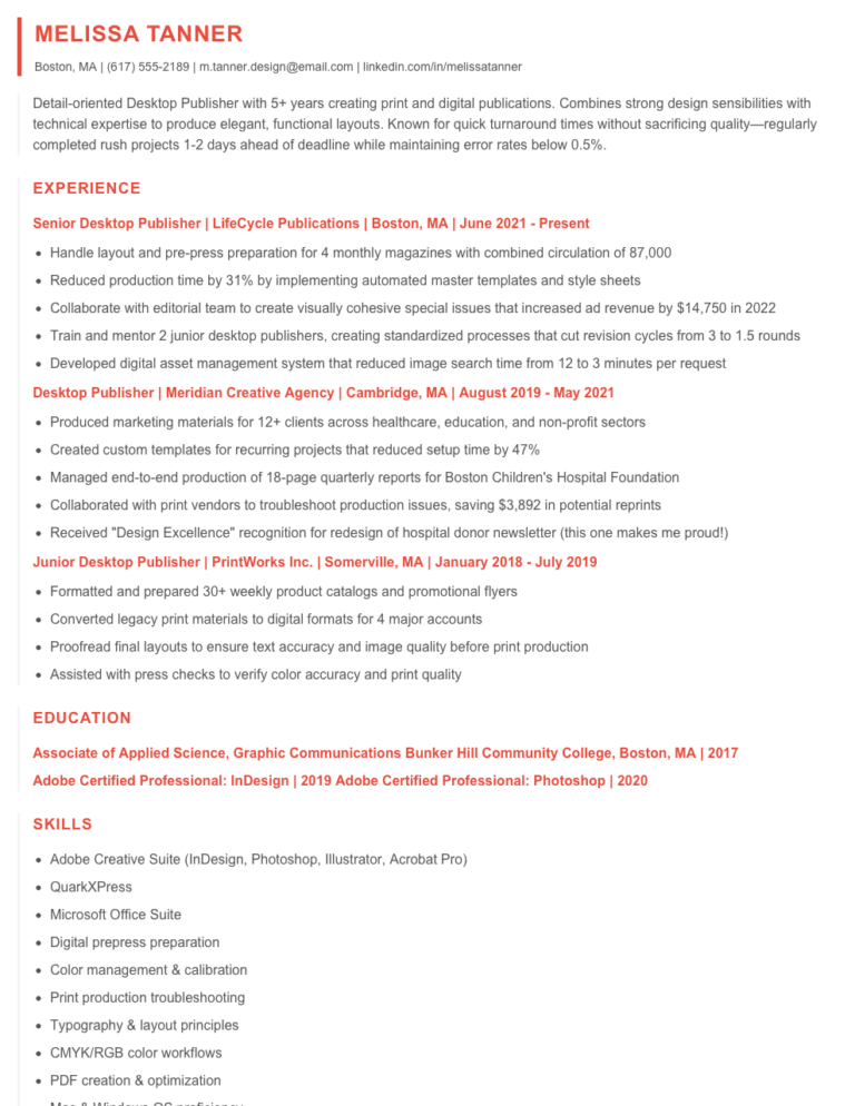 Desktop Publisher Resume Examples & Templates 2025 - Resume.AI
