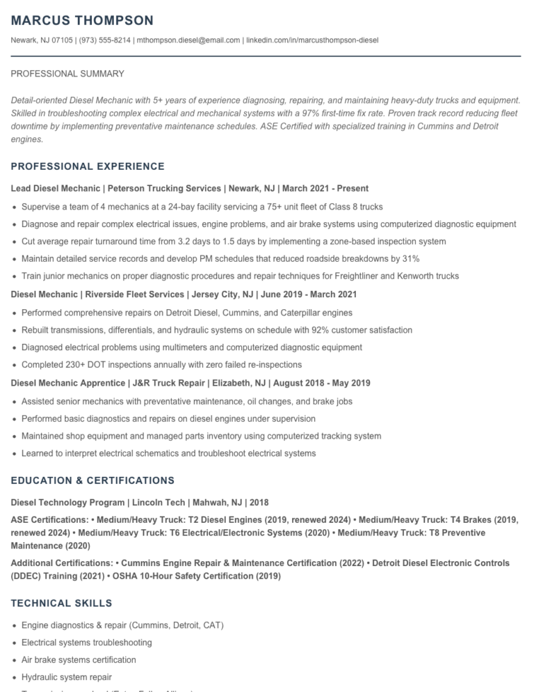 Diesel Mechanic Resume Examples & Templates 2025 - Resume.AI