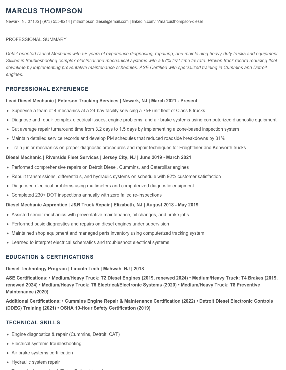 Diesel Mechanic Resume Examples & Templates 2025 - Resume.AI