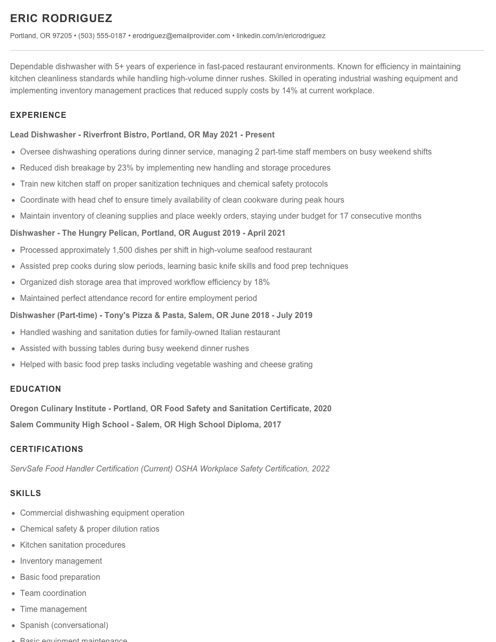Dishwasher Resume Examples & Templates 2025 - Resume.AI