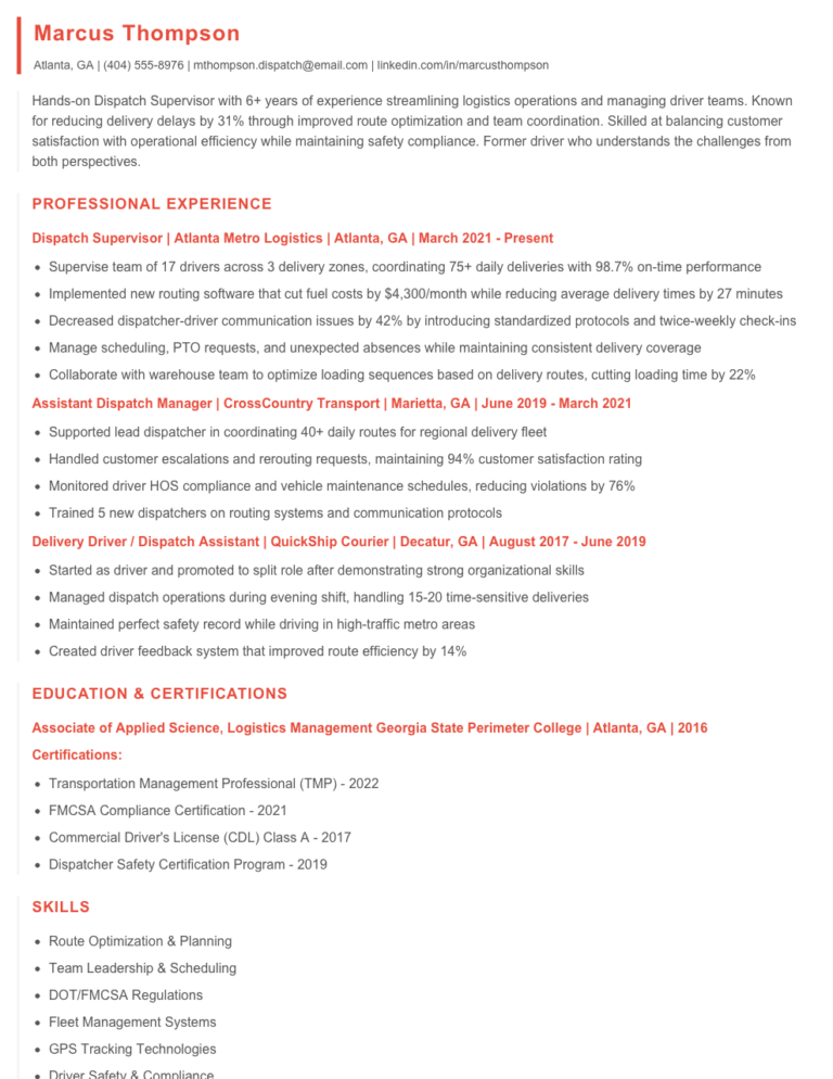 Dispatch Supervisor Resume Examples & Templates 2025 - Resume.AI