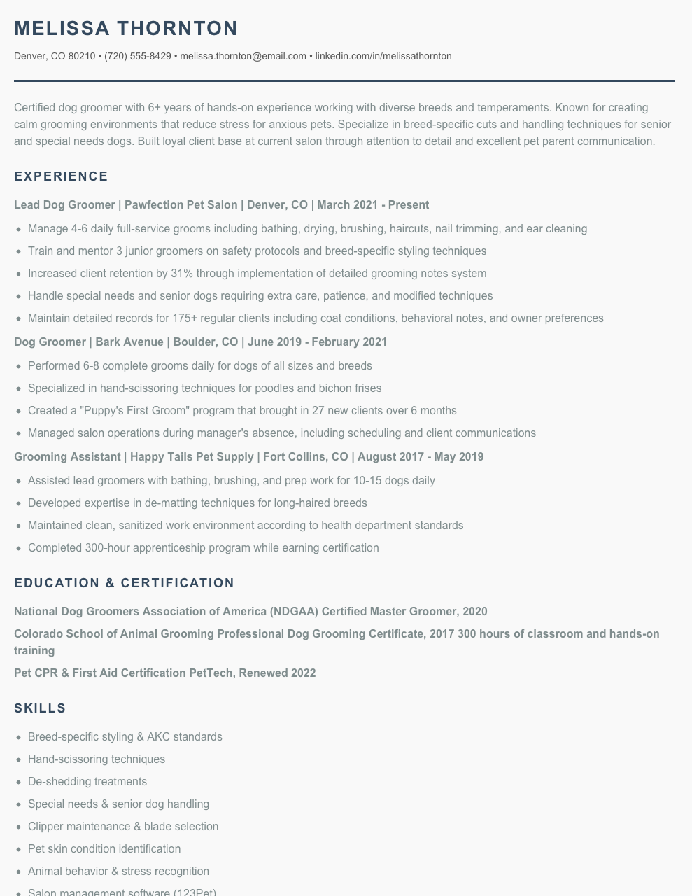 Dog Groomer Resume Examples & Templates 2025 - Resume.AI