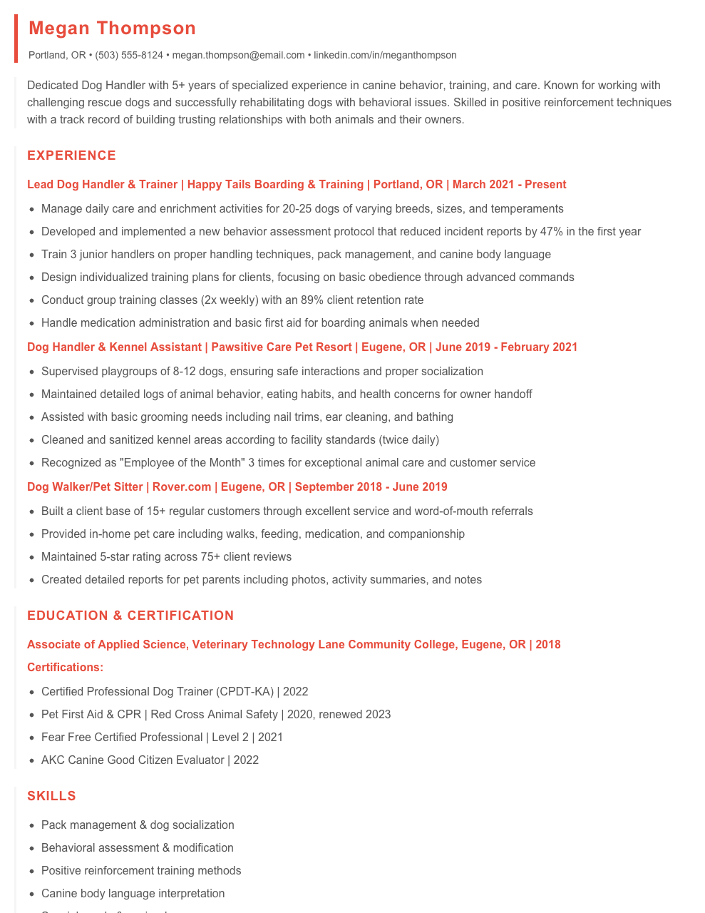 Dog Handler Resume Examples & Templates 2025 - Resume.AI