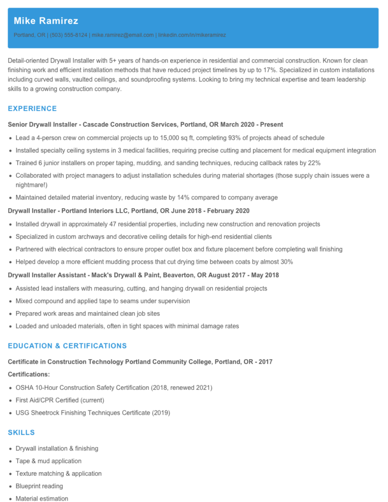 Drywall Installer Resume Examples & Templates 2025 - Resume.AI