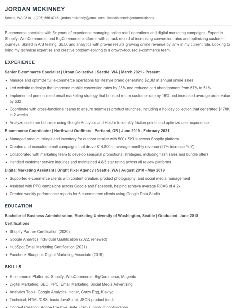 E-commerce Specialist Resume Examples & Templates 2025 - Resume.AI
