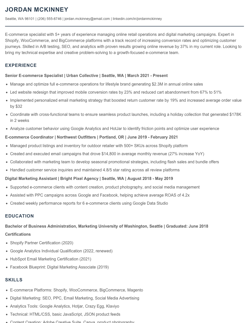 E-commerce Specialist Resume Examples & Templates 2025 - Resume.AI