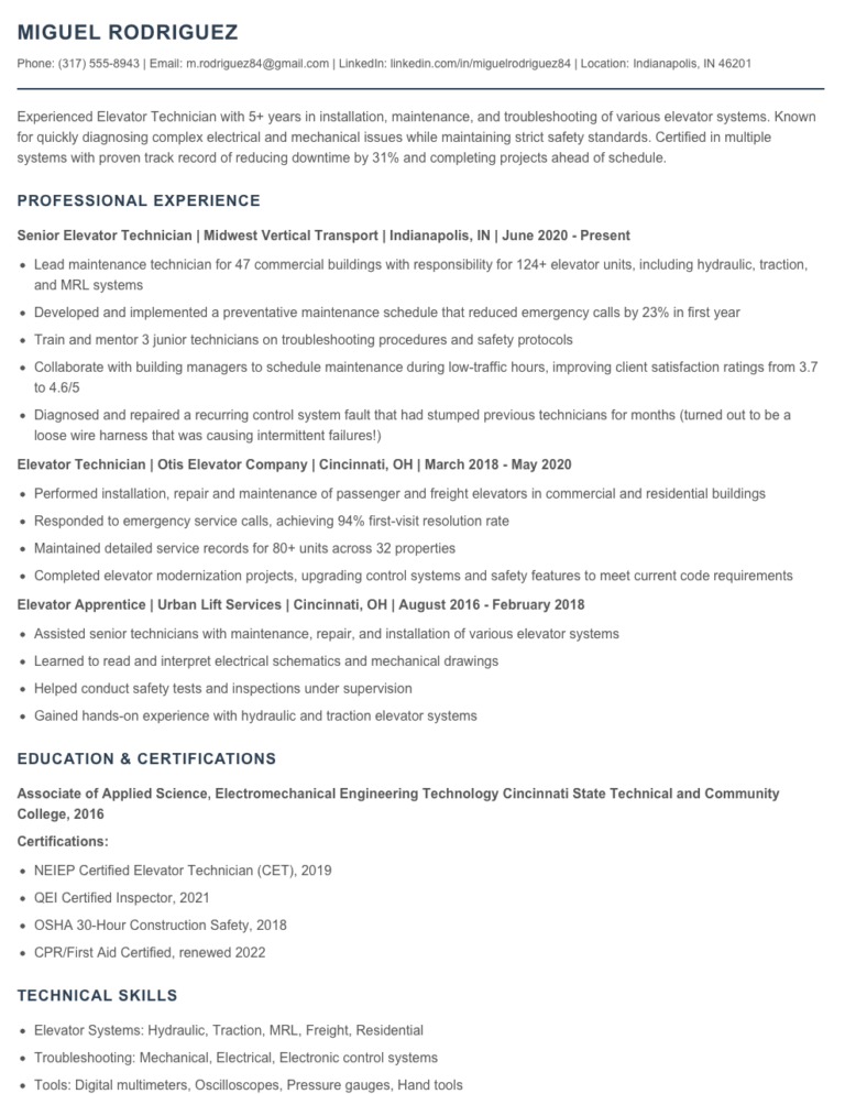 Elevator Technician Resume Examples & Templates 2025 - Resume.AI