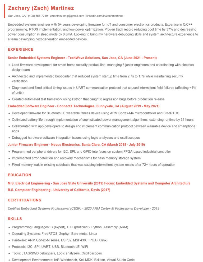 Embedded Systems Engineer Resume Examples & Templates 2025 - Resume.AI