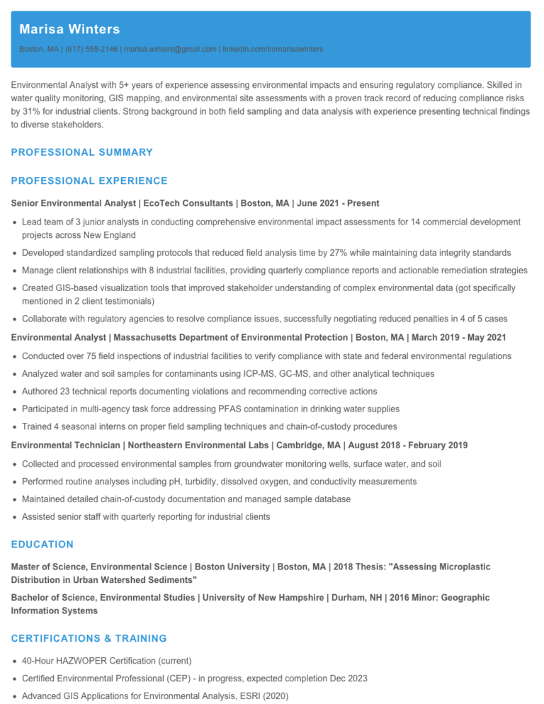 Environmental Analyst Resume Examples & Templates 2025 - Resume.AI