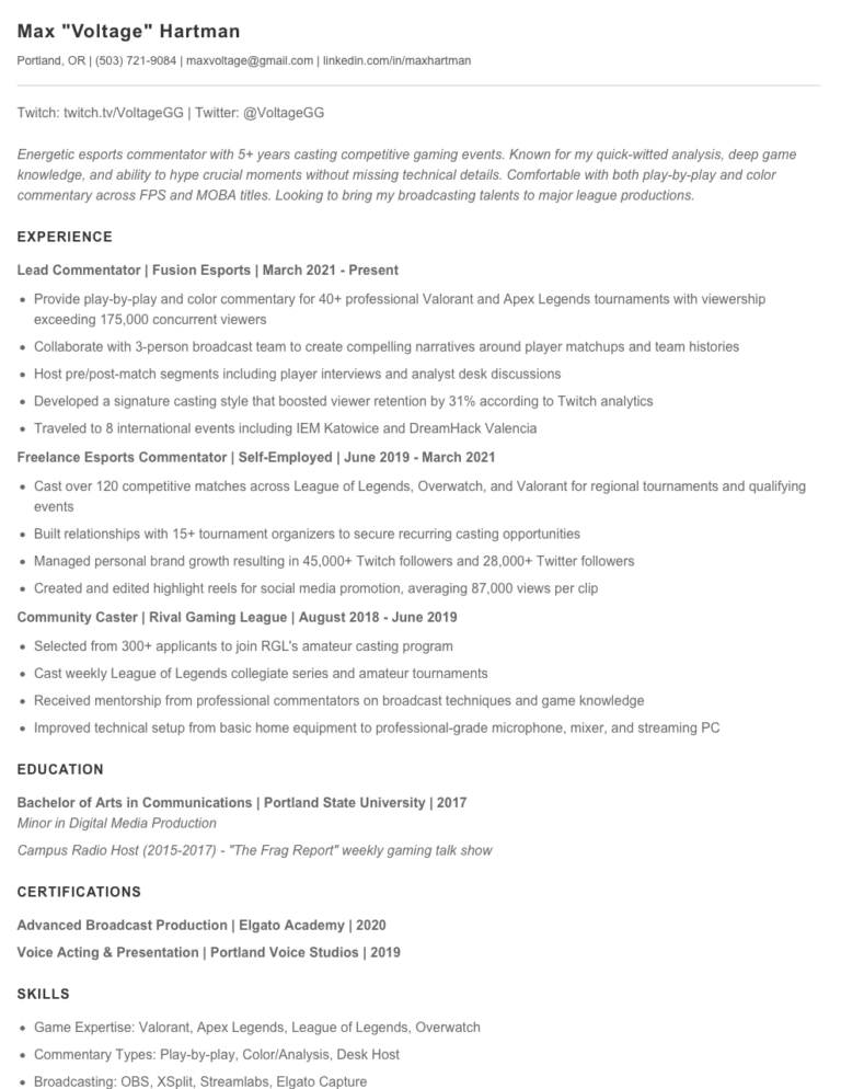 Esports Commentator Resume Examples & Templates 2025 - Resume.AI