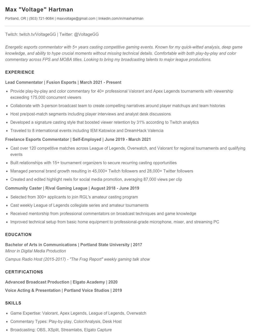Esports Commentator Resume Examples & Templates 2025 - Resume.AI