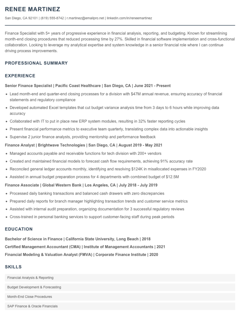 Finance Specialist Resume Examples & Templates 2025 - Resume.AI