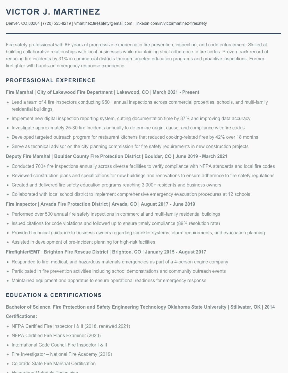 Fire Marshal Resume Examples & Templates 2025 - Resume.AI