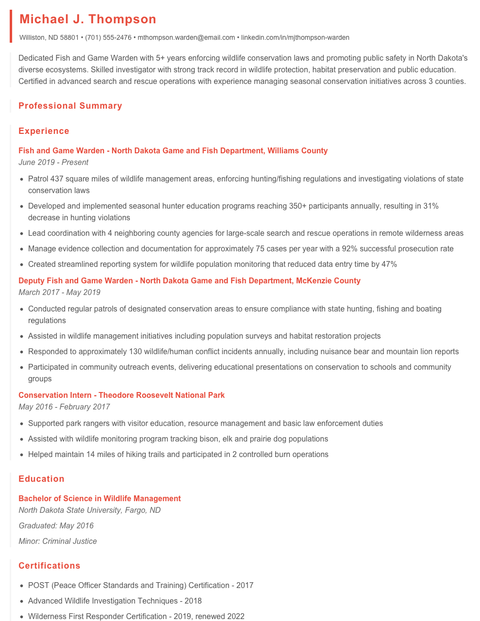 Fish and Game Warden Resume Examples & Templates 2025 - Resume.AI