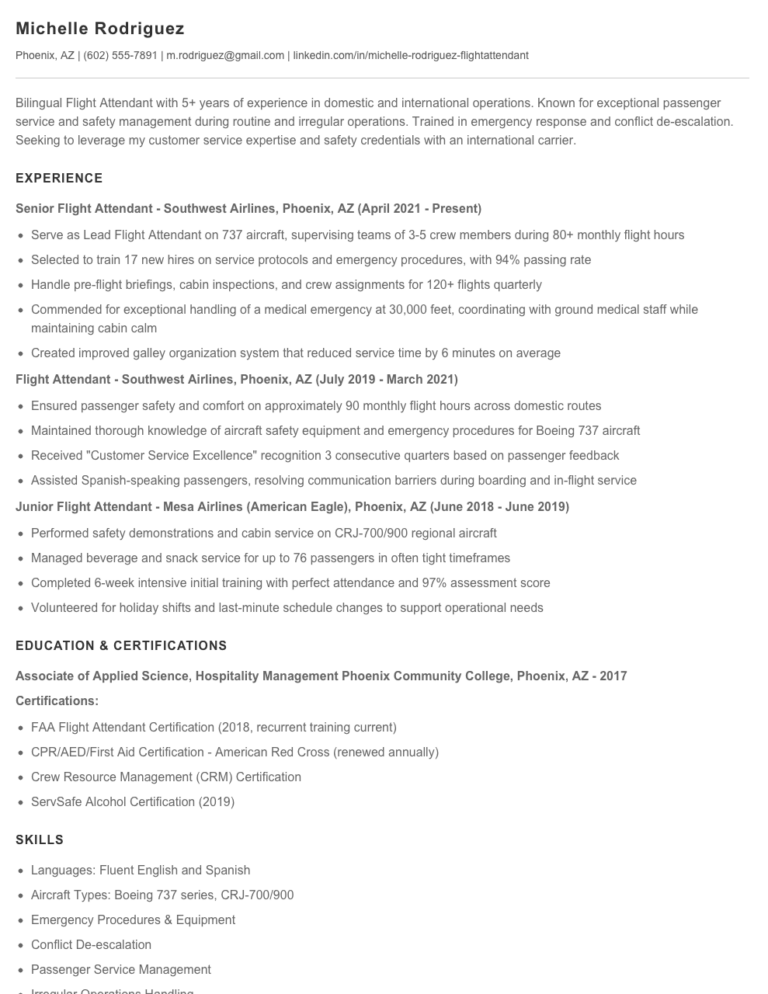 Flight Attendant Resume Examples & Templates 2025 - Resume.AI