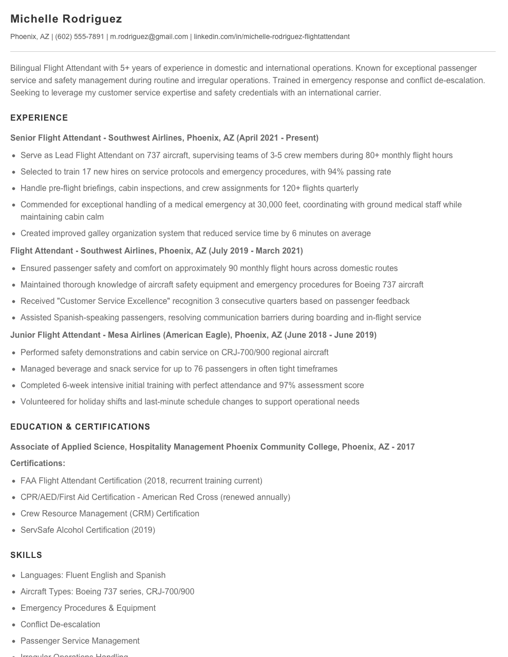 Flight Attendant Resume Examples & Templates 2025 - Resume.AI