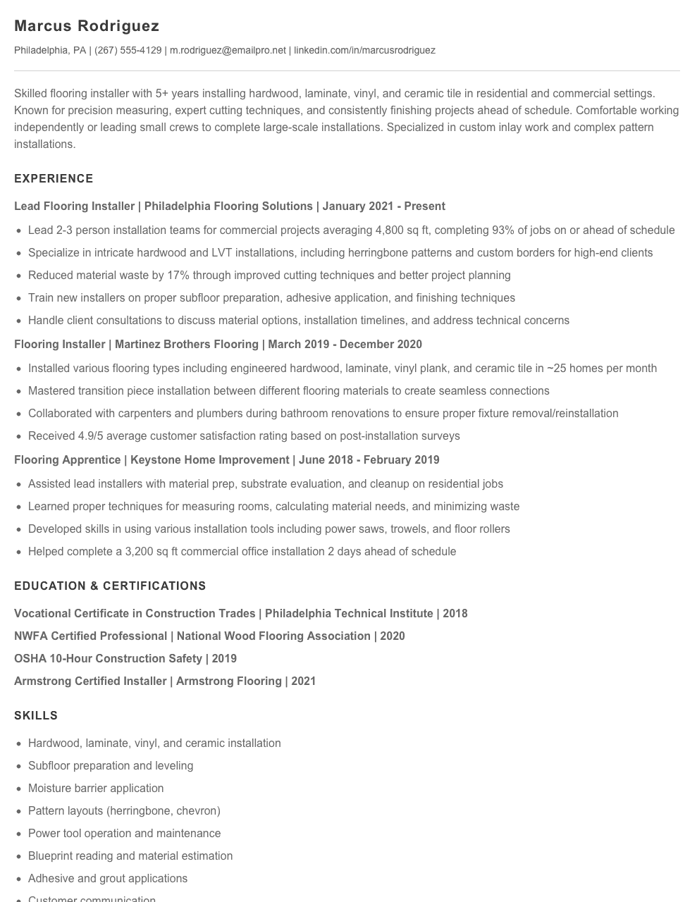 Flooring Installer Resume Examples & Templates 2025 - Resume.AI
