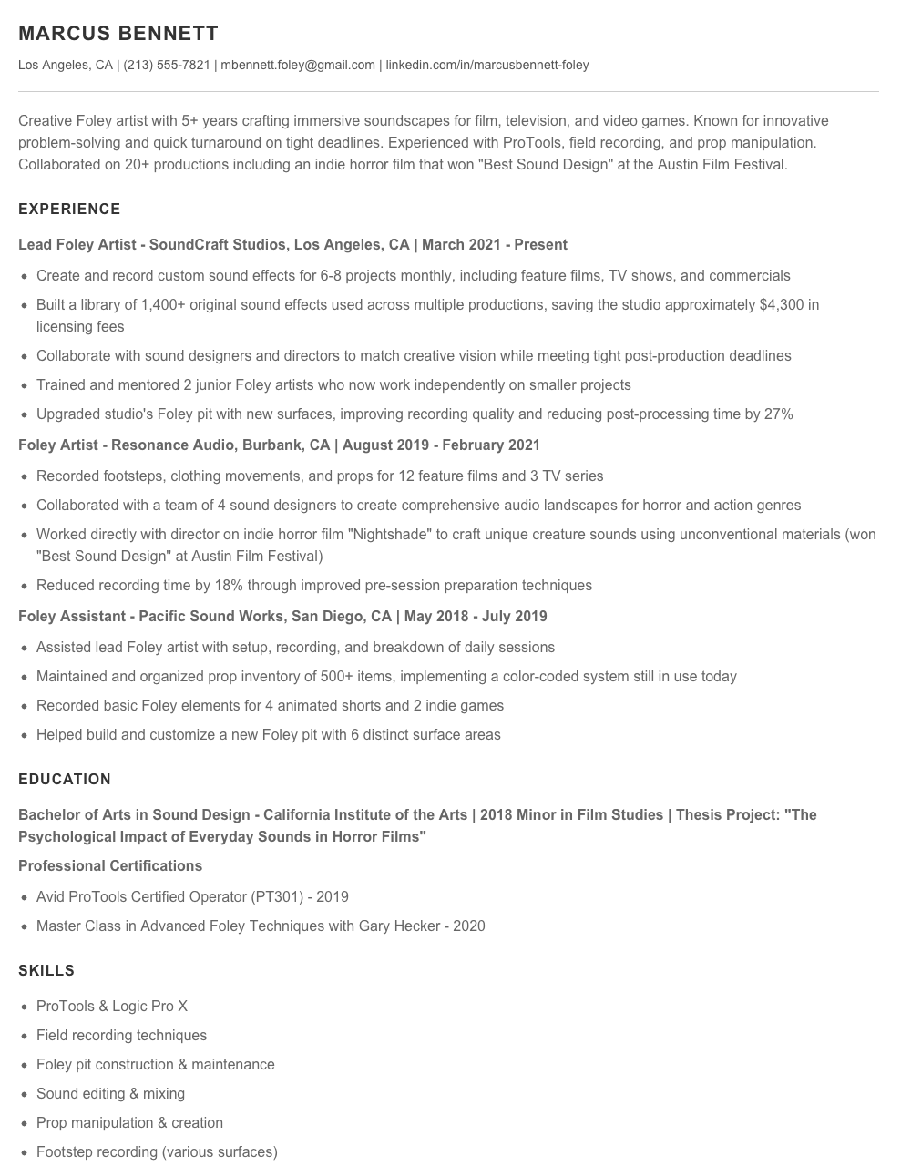 Foley Artist Resume Examples & Templates 2025 - Resume.AI