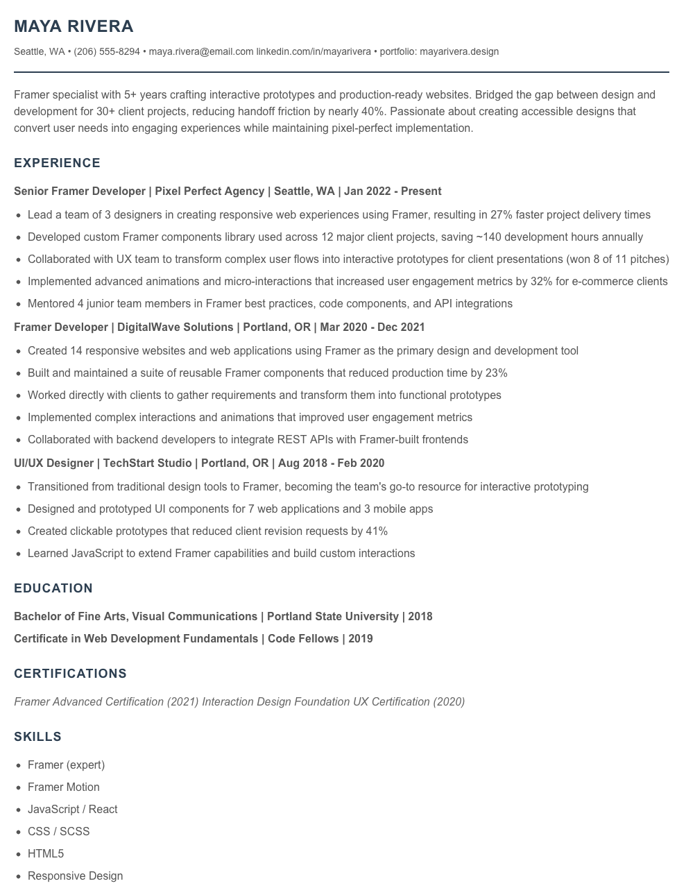 Framer Resume Examples & Templates 2025 - Resume.AI
