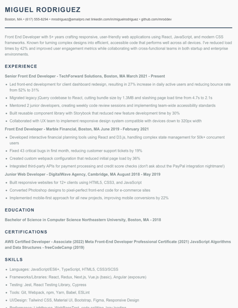 Front End Developer Resume Examples & Templates 2025 - Resume.AI